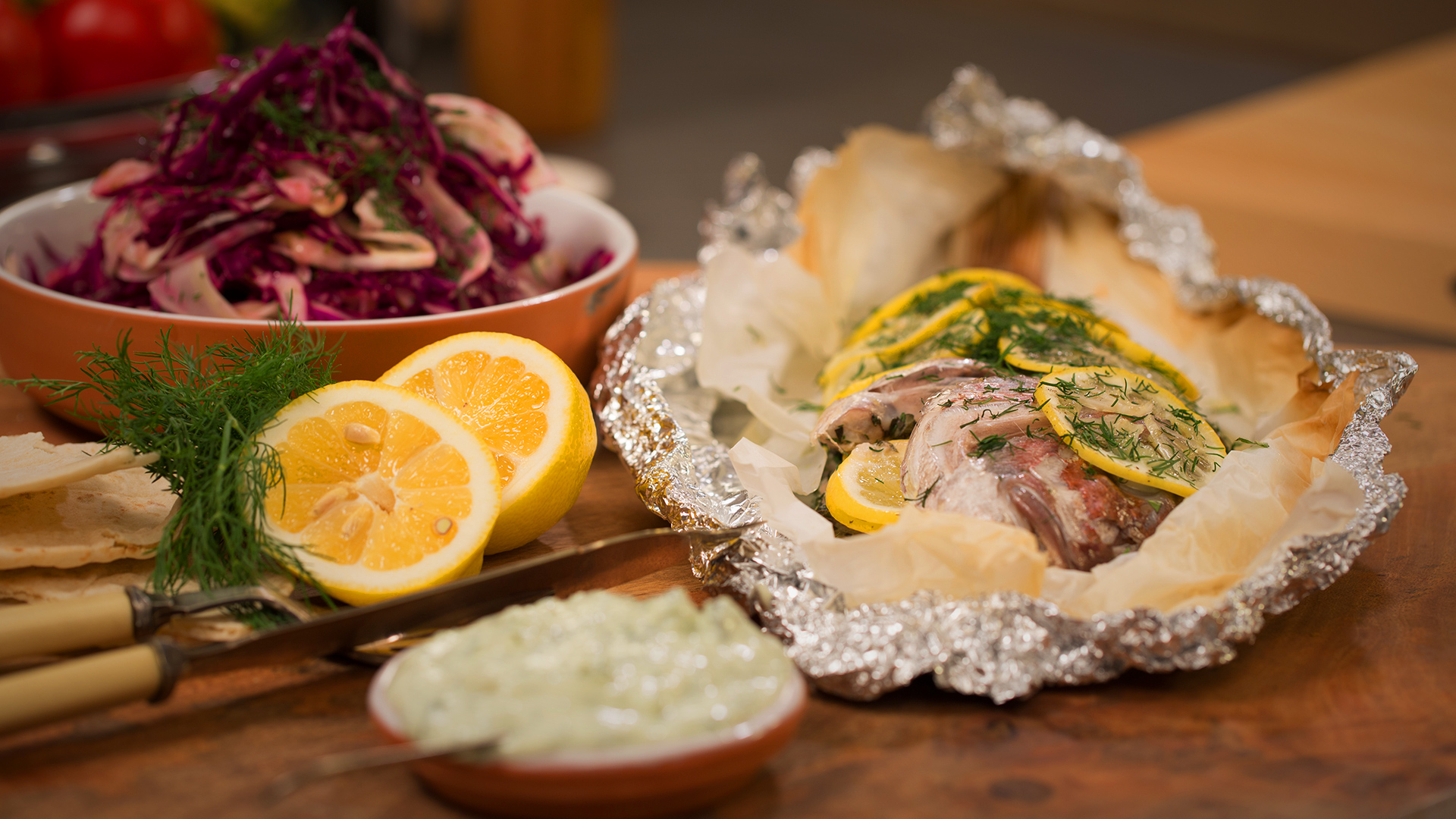 Greek style baked whole fish snapper with fennel and lime salad - Multix